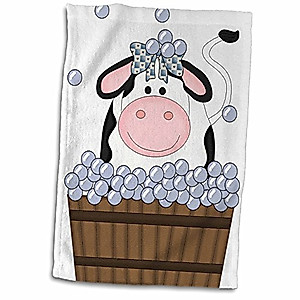 3D Rose Cute Girl Cow in A Wooden Bath Tub with Bubbles Hand Towel, 15" x 22", Multicolor