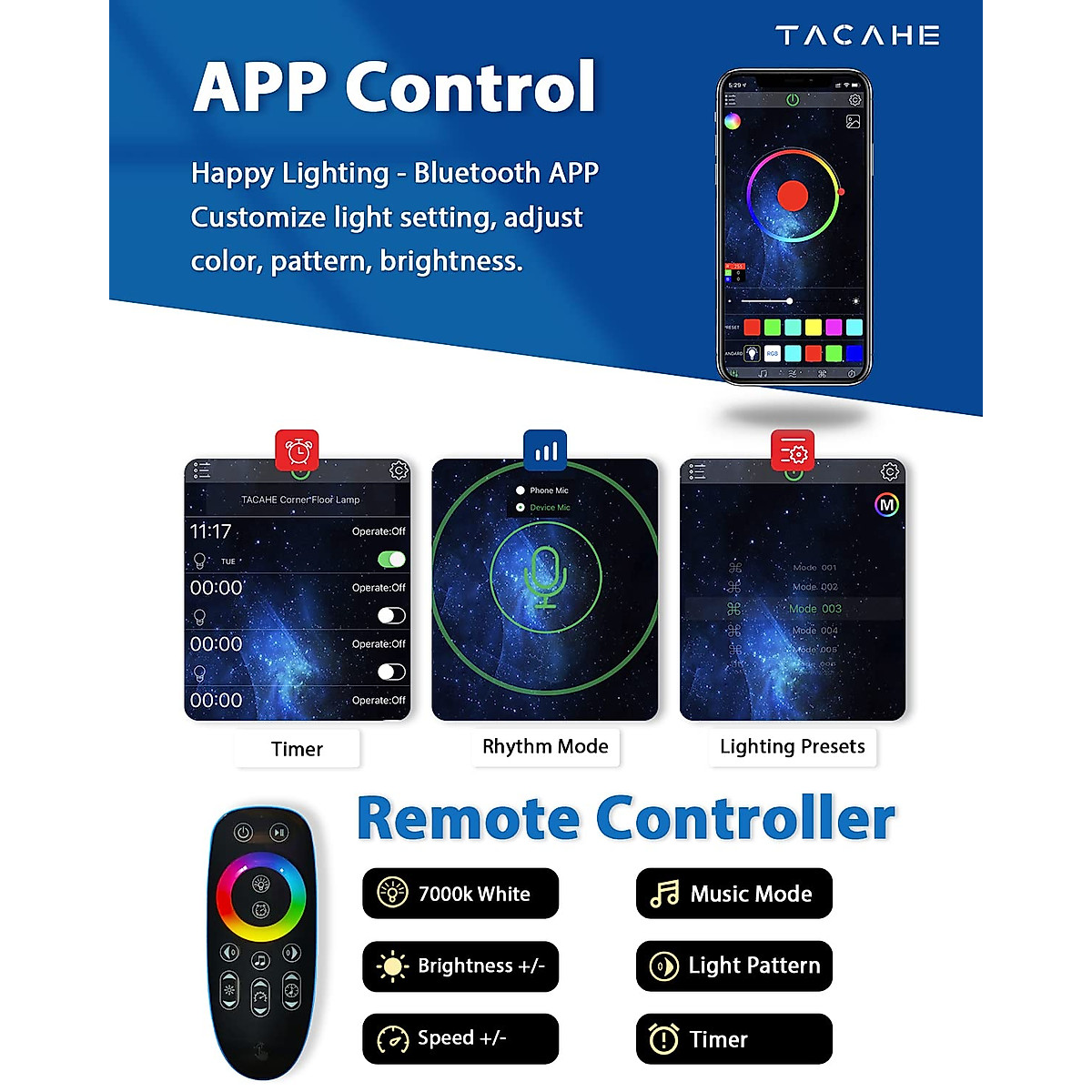 TACAHE Smart Corner Floor Lamp - Advanced Version, APP & Remote Control - Multi Lamp Pattern Sync - Transparent Lampshade with Ultra Brightness, Mood Light for Studio, Gaming Setup - 20W, Black