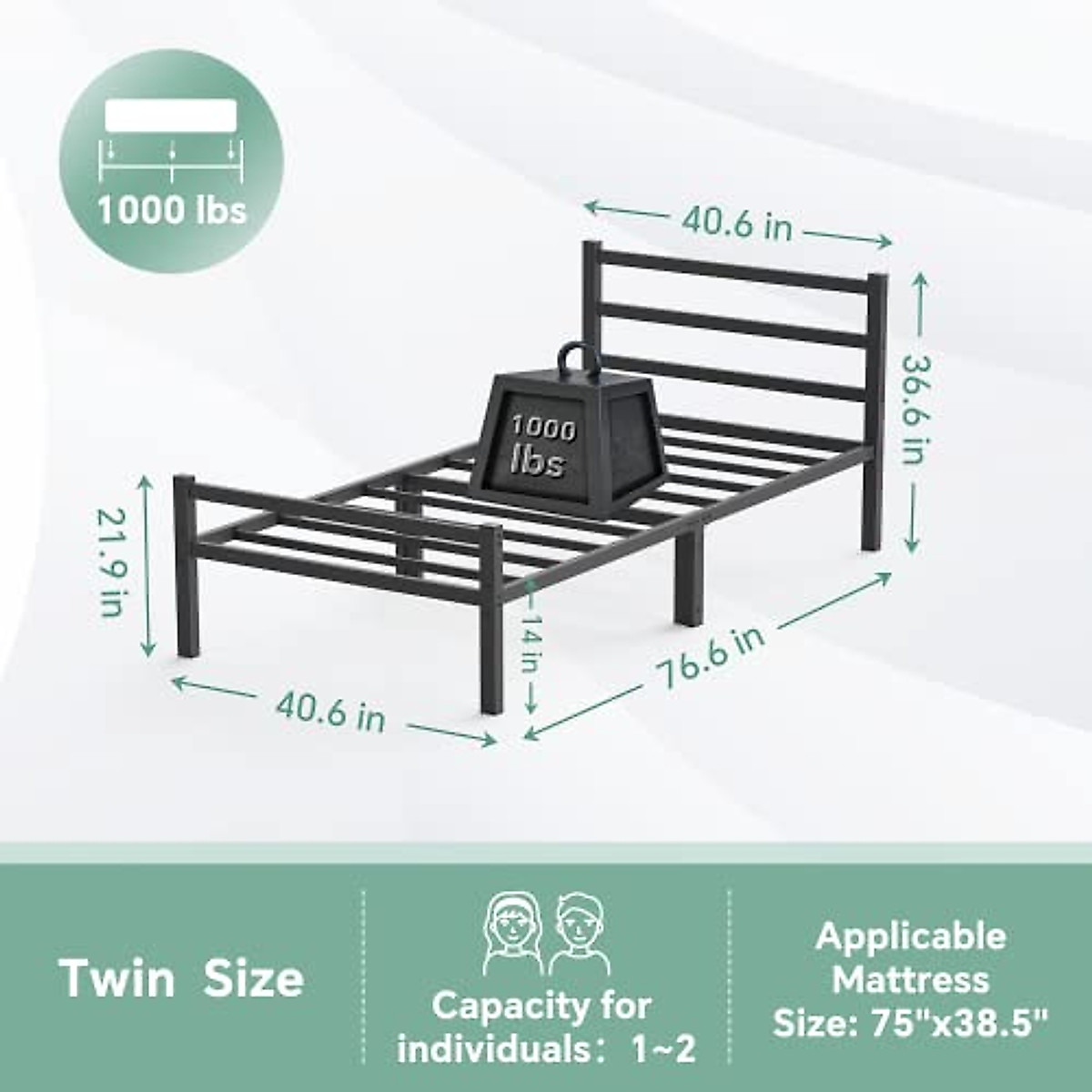 FEMOND Twin Bed Frame with Headboard and Footboard, 14 Inch Metal Bed Frame Platform with Storage, Noise Free, Heavy Duty Steel, No Box Spring Needed, Anti-Slip, Easy Assembly (Max Load: 1000lb)