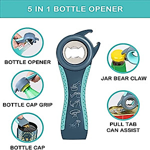 Jar Opener for Weak Hands, Seniors with Arthritis, 5 in 1 Multi Function Bottle Opener Lid Opener For Arthritic Hands with Non Slip Rubber Jar opener Gripper Pad(3-piece set, Blue)