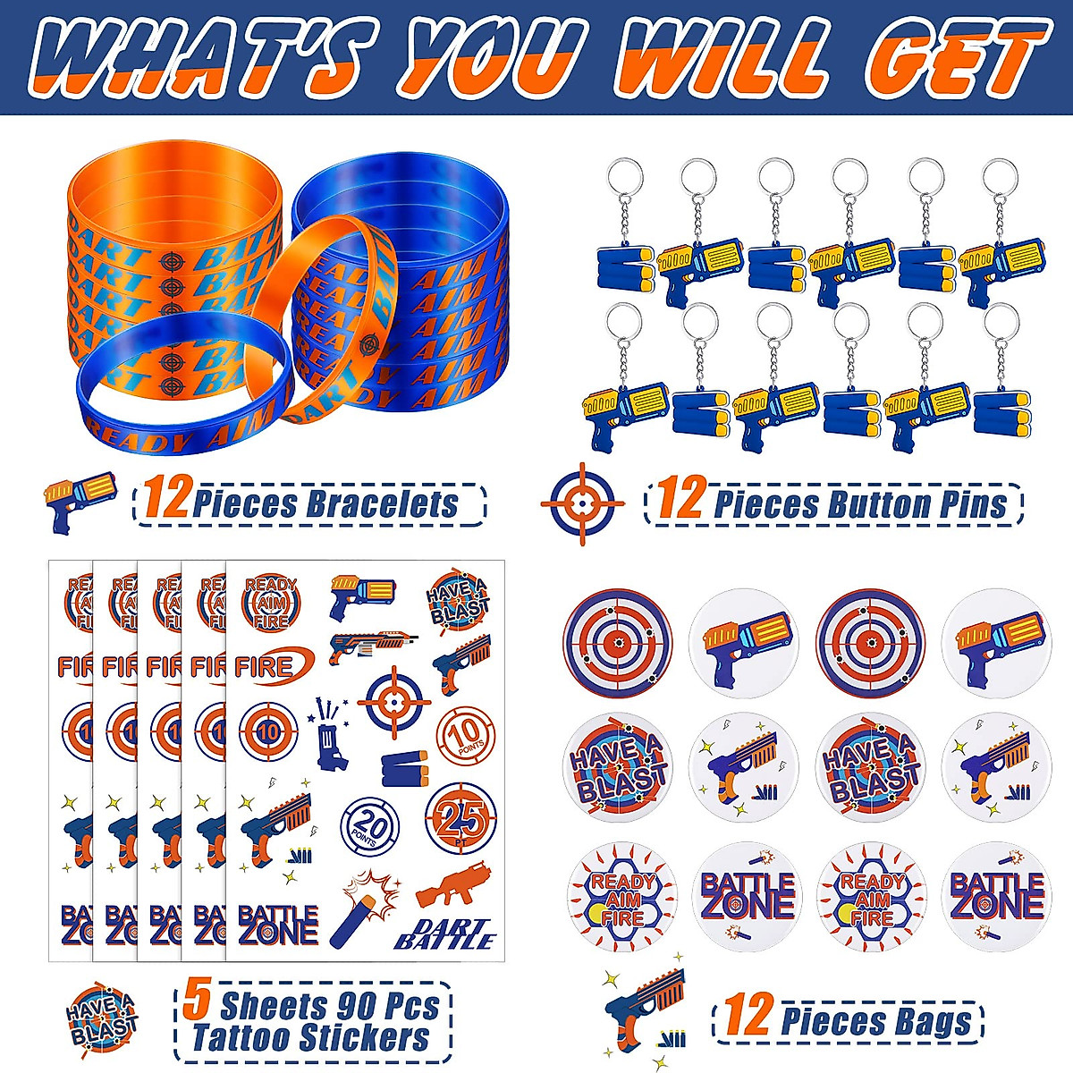 dart battle Birthday Party Favor Supplies dart battle Silicone Wristbands dart battle Keychain Temporary Tattoos for Kids Badges Gun Party Birthday Party Favors for Birthday Baby Shower Boys (126 Pcs)