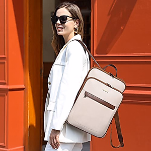CLUCI Leather Laptop Backpack Purse for Women 15.6 inch Computer Backpack Stylish Travel Bag Daypack Beige with Brown
