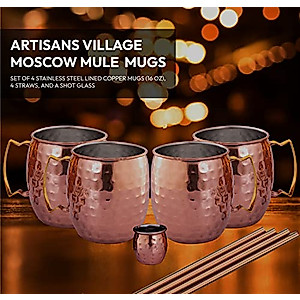 ARTISANS VILLAGE Moscow Mule Mugs | Set of 4 | Stainless Steel Lining | Pure Copper Plating | 100% Handcrafted Hammered Cups | Size 16 oz | With Premium Straws and Shot Glass