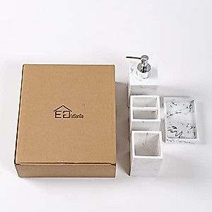EdSanGa 4 PCs Bathroom Accessories Set, White Marble veining Bathroom Set, Made of Resin, Soap Dispenser, Toothbrush Holder, Bathroom Tumbler, Soap Dish