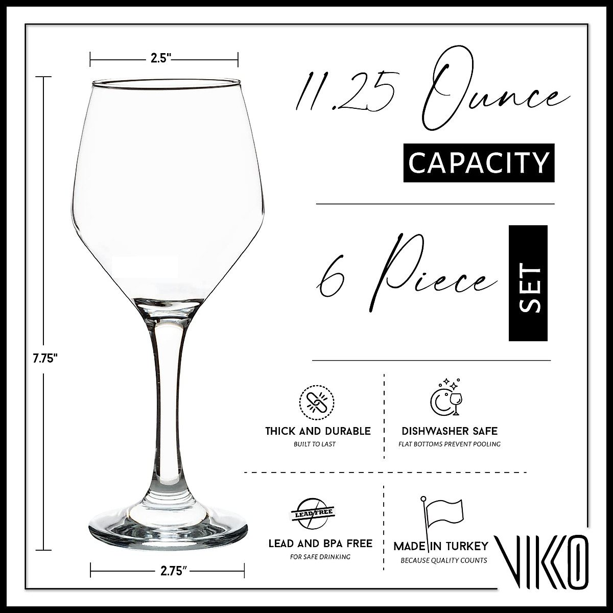Vikko Wine Glasses, Set of 6 Stemmed Wine Glasses for Red and White Wine, 11.25 Oz Capacity, Thick and Durable Wine Glasses, Small Wine Glasses with Stem, Red Wine Glasses