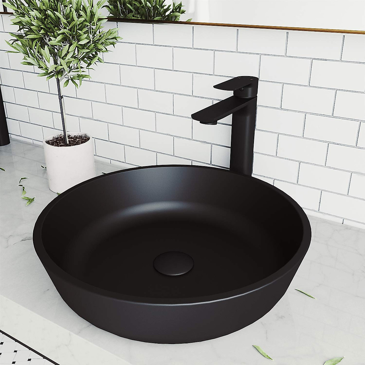 VIGO Modus 16.5 inch Diameter Over the Counter Freestanding MatteShellTM Round Vessel Bathroom Sink in Black - Sink for Bathroom VG07113