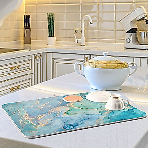 Marble Dish Drying Mat for Kitchen Counter Blue Teal Turquoise Gold Drying Mat 18 x 24 Inch with High Absorbent Reversible Microfiber Dish Drying Pad Dish Rack Pad Drainer Mat for Coffee Bar