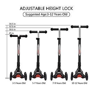 ChromeWheels Scooters for Kids, Deluxe Kick Scooter Foldable 4 Adjustable Height 132lbs Weight Limit 3 Wheel, Lean to Steer LED Light Up Wheels, Best Gifts for Girls Boys Age 3-12 Year Old, Black