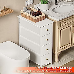 YILQQPER Narrow Dresser Storage Tower with 4 Drawers, Slim Dresser Chest of Drawers with Steel Frame, Wood Top, Golden Knobs, White Dresser for Bedroom, Bathroom, Small Spaces, Laundry, Closet, White