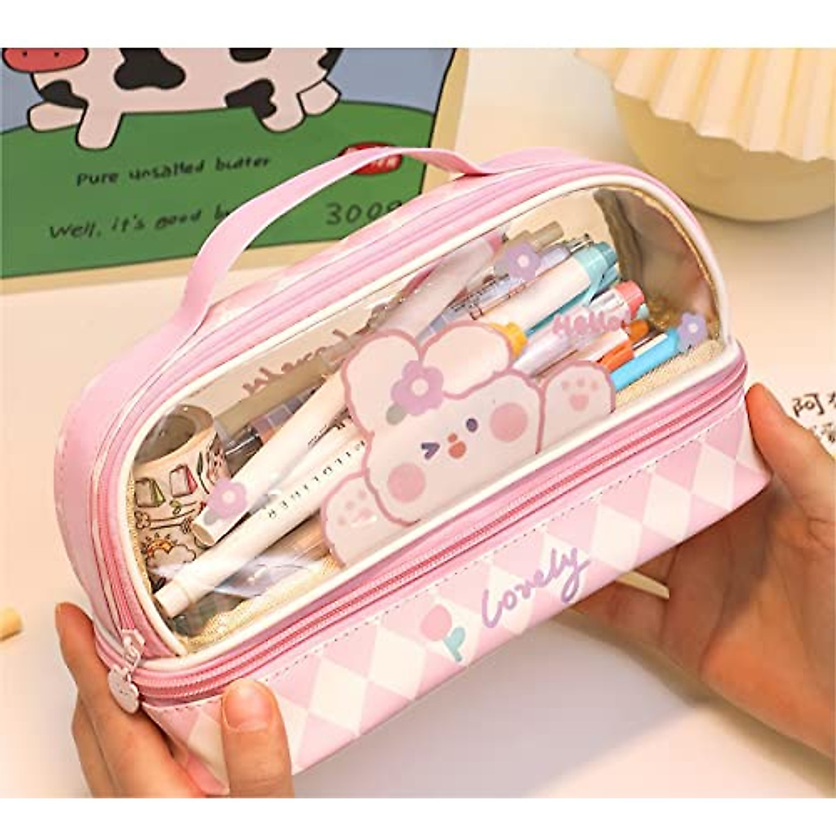 LaurelTree Kawaii Aesthetic Cute Pencil Case Bag Large Storage High Capacity Stationery with 2 Compartments Pouch Box Holder Organizer Office College School Adults Students Teens Girls Boys (Pink)…