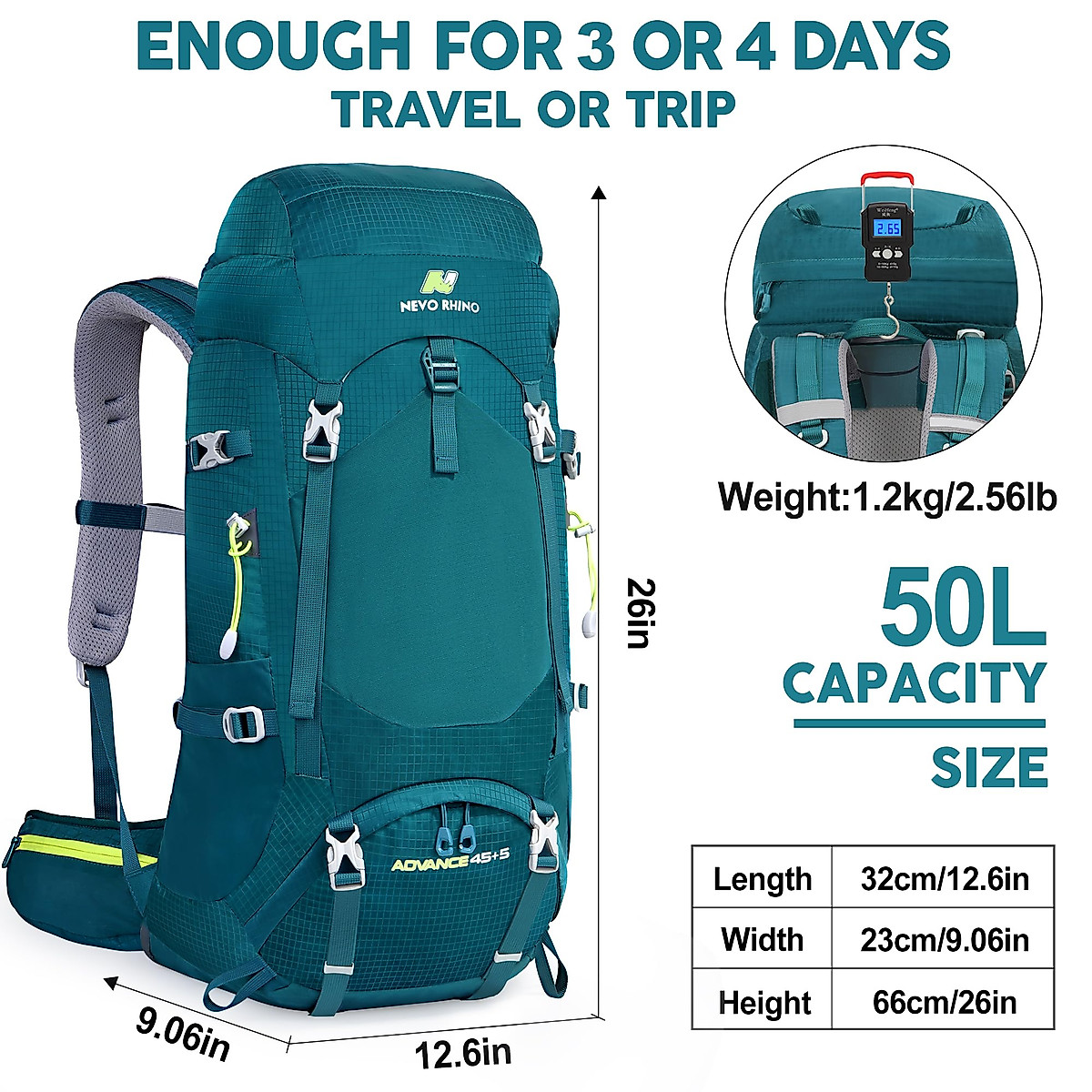 N NEVO RHINO Internal Frame Hiking Backpack 50/60/65/70/80L, Mountain Climbing Camping Backpack Daypack Waterproof Rain Cover