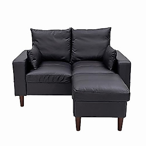 Panana 54.5" Small Loveseat Couch Sofa, Fabric Upholstered 2-Seat Sofa, Love Seat Furniture with Wood Leg for Small Space, Living Room, Apartment (Black Faux Leather, Track Arm-2 Seater with Ottoman)