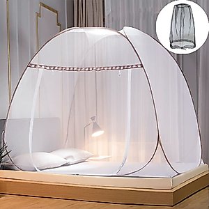 Fancylovesotio Mosquito Netting for Bed with Mosquito Head Net Mesh, Travel Portable Folding Bed Net Tend with Bottom for Twin and King Size Home Outdoor Brown，1.0M