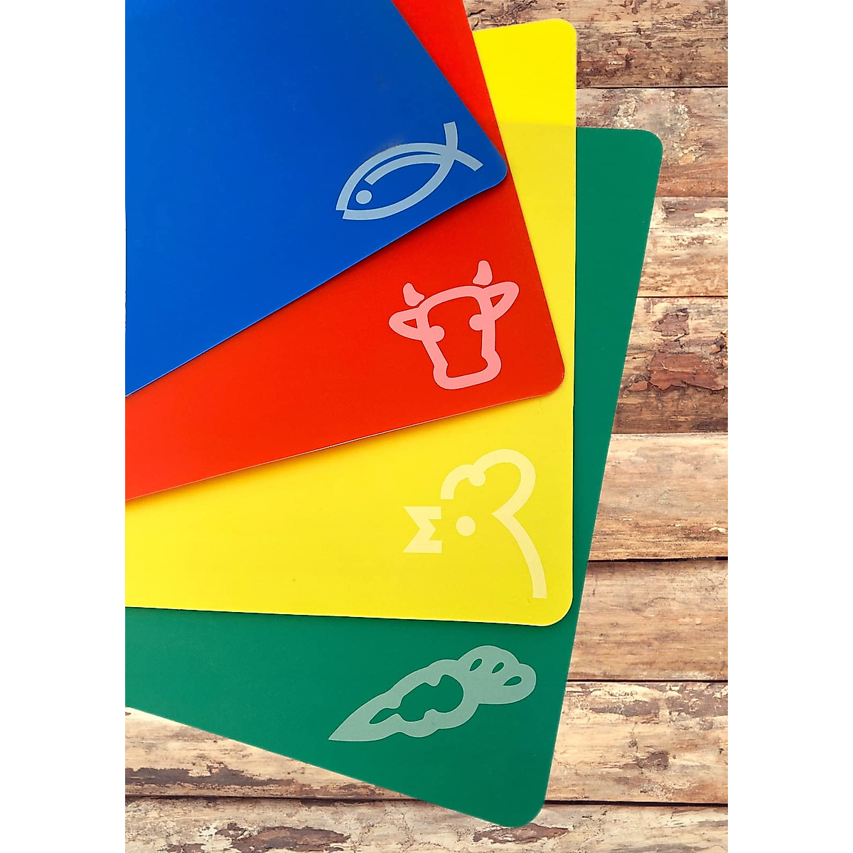 4pc Cutting Boards Flexible Plastic Color Coded Mats Food Icons Meat Vegetable Fish Chicken Chopping Small Busy Kitchen Countertops Catering Thanksgiving Picnic Dinner Party 9.75’’ x 11.75’’