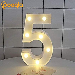 Pooqla Decorative Led Light Up Number Letters, White Plastic Marquee Number Lights Sign Party Wedding Decor Battery Operated Number (5)