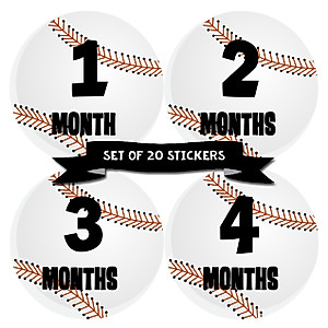 Months in Motion Baby Monthly Stickers - Baby Milestone Stickers - Newborn Boy Stickers - Month Stickers for Baby Boy - Baby Boy Stickers - Newborn Monthly Milestone Stickers - Baseball - Set of 20