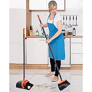 Broom and Dustpan Set for Home,Broom and Dust Pans with Long Handle,Indoor Broom with Dustpan Combo Set,Stand Up Broom and Dustpan,Kitchen Broom Dustpan for Home Room Office Lobby Floor Use(Orange)