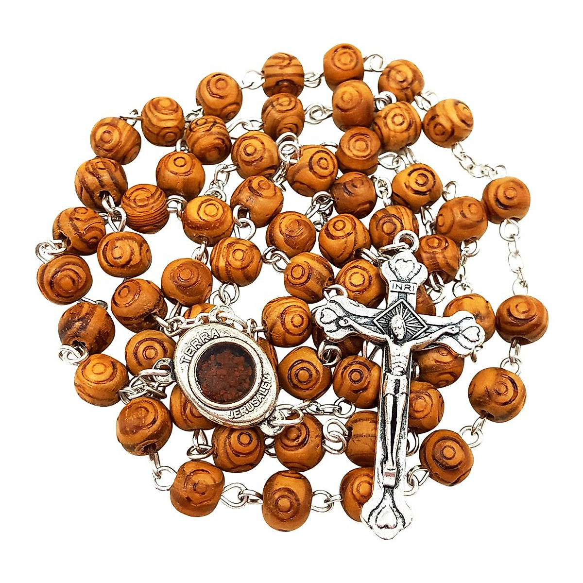 TALISMAN4U CATHOLIC ROSARY NECKLACE Olive Wood Carved Beads With Jerusalem Soil & Cross Crucifix in Gift Box