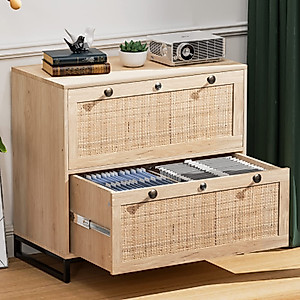 VINGLI Wood Rattan 2-Drawer Lateral File Cabinet with Lock for Home Office, Lockable Filing Cabinet with Rustic Metal Handles for Hanging Letter/A4/Legal Size Labeled Folders, Oak, 30W x 16D x 28H
