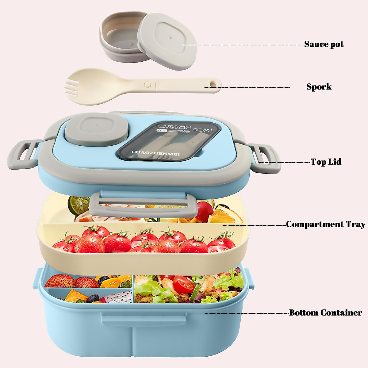 Tinaforld Adults Bento Lunch Box,Salad Container Large 43oz Salad Bowl, Bento-Style Tray for Toppings, 3oz Sauce Container for Dressings, and Built-In Reusable Fork (Blue)
