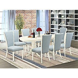 East West Furniture VAVE9-LWH-15 Vancouver 9 Piece Set Includes an Oval Dinner Table with Butterfly Leaf and 8 Baby Blue Fabric Parson Dining Chairs, 40x76 Inch, Linen White