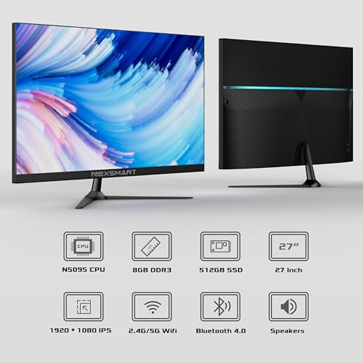 27 Inch All in One Desktop PC Intel Celeron N5095 Desktop Computer 8GB RAM 512GB ROM SSD Full HD IPS Display Computer with Dual WiFi Bluetooth 5.0 Keyboard and Mouse USB3.0
