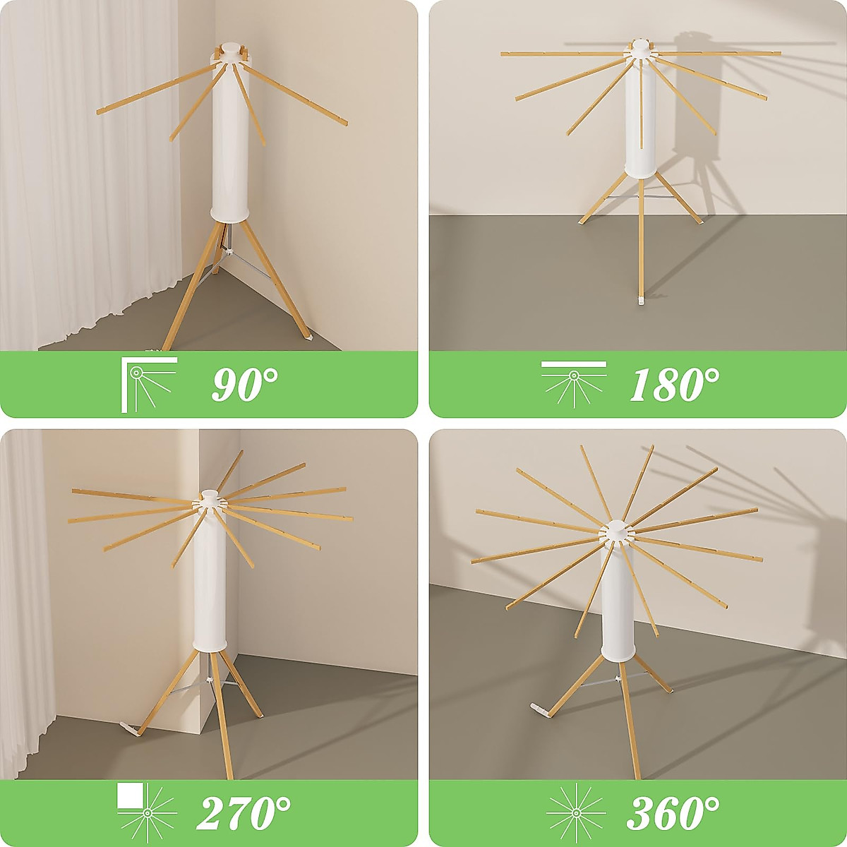 Tripod Drying Rack Portable, Foldable Drying Rack Clothing with 12 Wood Drying Arms, Standing Laundry Hanger Rack Round Collapsible & Portable Handle for Laundry Room, Balcony, Bedroom, RV