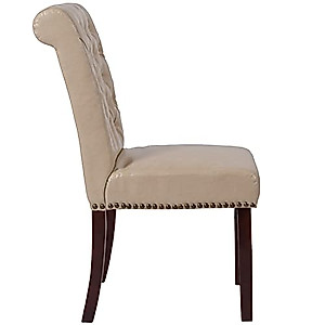 Flash Furniture Set of 4 Hercules Series Beige LeatherSoft Parsons Chairs with Rolled Back, Accent Nail Trim and Walnut Finish