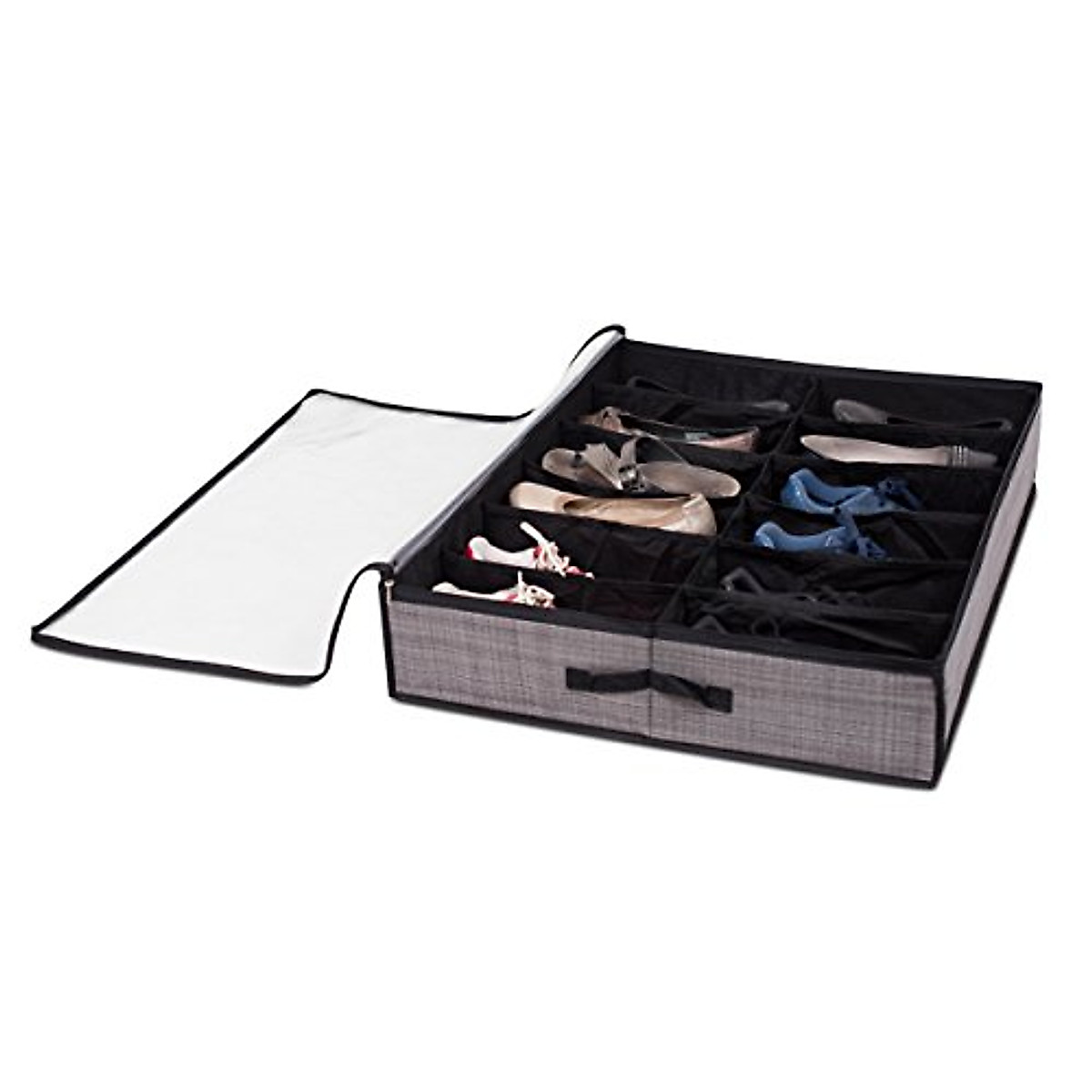 Internet's Best Under the Bed Shoe Storage Organizer - 12 Pair/Pockets - Zipper Closure Clear Cover - Grey