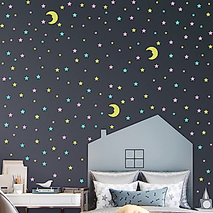 DTLIFEK 300PCS Glow in The Dark Stars Wall Decals Luminous Moon Stickers for Ceiling 3D Fluorescent Plastic Self Adhesive Starry Sky Glowing Stars and Moon Wall Art Decor for Kids Baby Bedroom Room