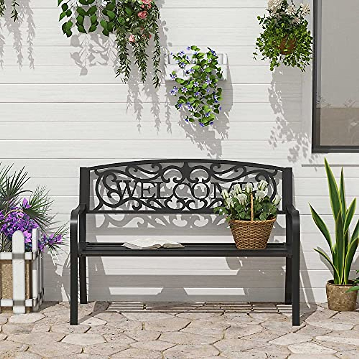 Outsunny 50" 2-Person Garden Bench Loveseat with Cast Iron Decorative Welcome Vines, Outdoor Patio Bench for Backyard, Porch, Entryway