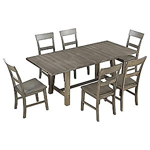 KoiHome Kitchen East-West Set-76 Retro Industrial Style Rectangular 18" Leaf and 6 Chairs, Modern Solid Wood Room, Distressed Finish, Gray, 7-Piece Dining Table Set
