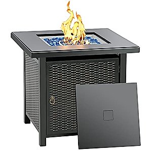 BALI OUTDOORS 28 Inch Propane Fire Pit Table, Rattan & Wicker-Look 50,000 BTU Gas Firepits with Blue Fire Glass for Outside Patio and Garden