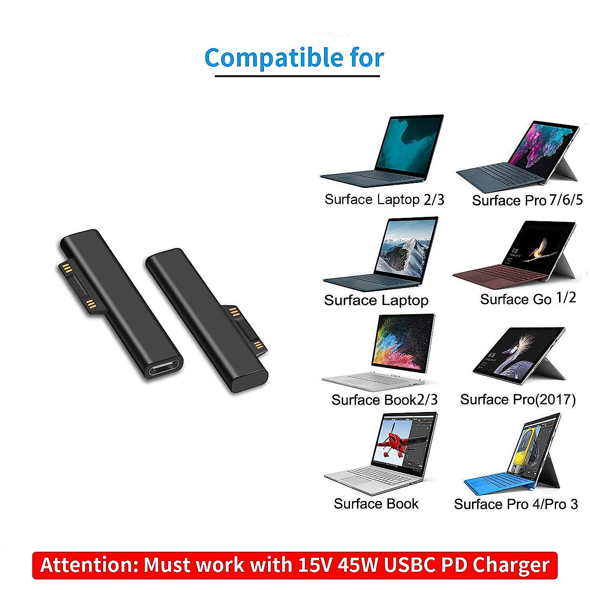 Sisyphy Surface Connect to USB C Charging Adapter (Basic Black, Connector only, 1 Pack), Compatible for Microsoft Surface Pro 7/6/5/4/3 Go 1/2 Laptop 4/3/2/1, Works with 45W 15V3A USBC Power Supply