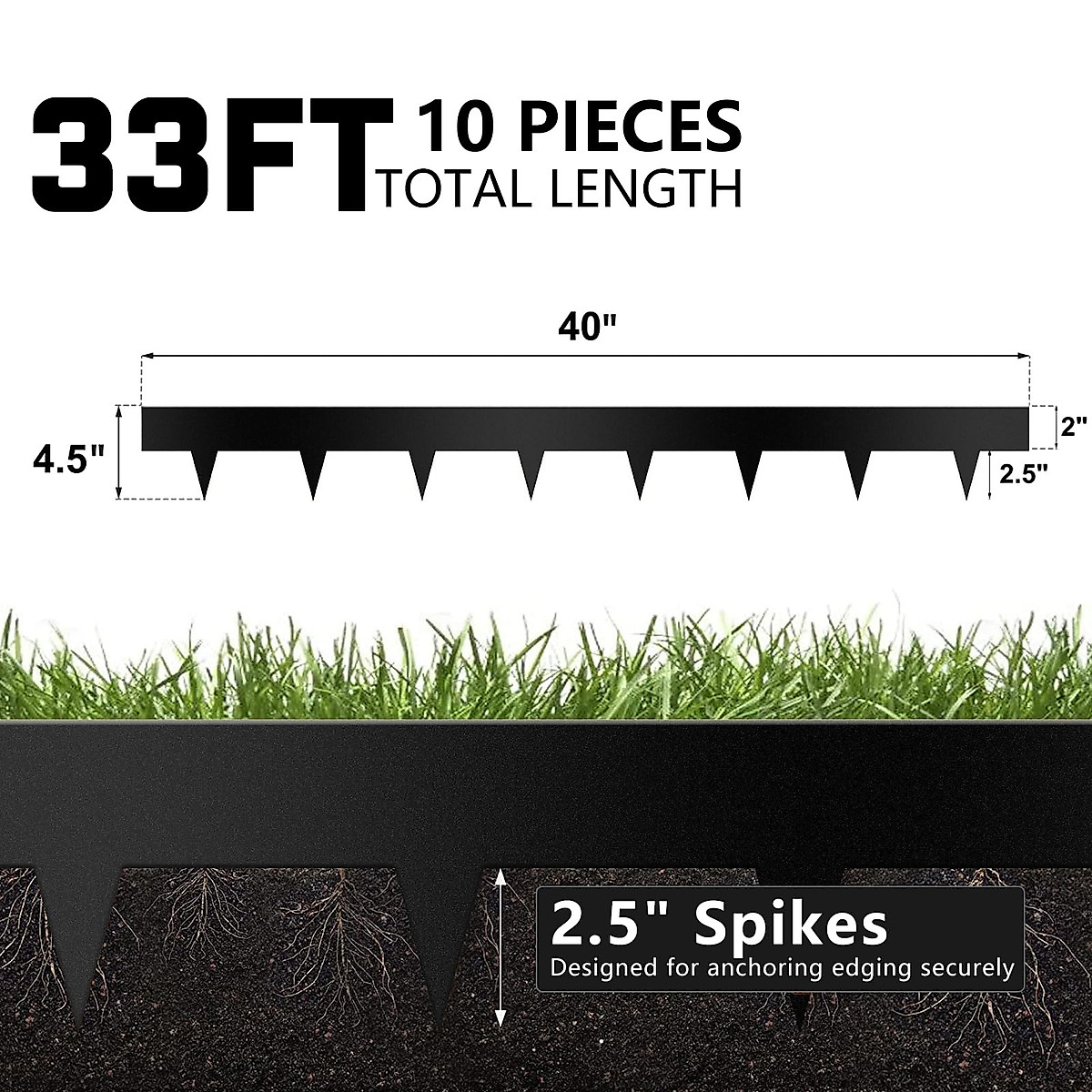 Worth Garden 10-Pack Galvanized Steel Landscape Lawn Edging - 4.5in H Black Powder Coated Bendable Metal Strips - Hammer-in Edging Border w/ 11 Clips - Yard Pathway Divider (33Ft Total)