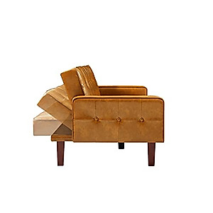 Eafurn 74.41" Faxu Leather Upholstered Futon Bed, Deep Button Tufted Convertible Folding Sleeper Solid Wood Legs, 3 Seater Comfy Soft Sofa & Couches for Living Room Office, Brown PU