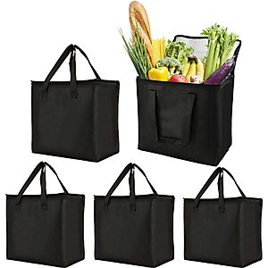 Acrux7 5 Pack Insulated Grocery Bags with Zipper, Reusable Food Delivery Bag, Medium Collapsible Leak-poof Insulated Bags, Food Warmer Bag, Insulated Shopping Bags for Hot & Cold, Groceries (Black)