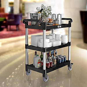 TUFFIOM 3-Tier Plastic Service Utility Cart with Wheels, Heavy Duty 390lbs Capacity, Commercial Rolling Ideal for Restaurant, Foodservice, Office, Warehouse, Black 34.8''L x 17.4''W x 38.6''H