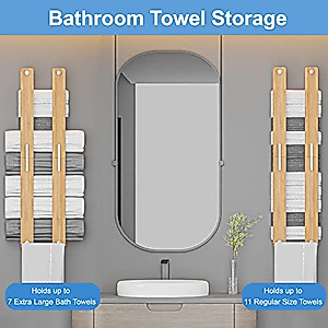 CJAID Towel Racks for Bathroom Wall Mounted, Bamboo Towel Holders with Hooks, Large Capacity Bathroom Towel Storage, Bath Towel Holder, Wall Towel Storage Rack Shelf for Rolled Towels.