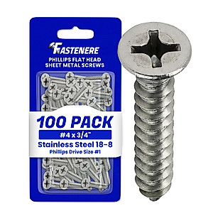 #4 x 3/4" Flat Head Sheet Metal Screws, Phillips Drive, Stainless Steel 18-8, Full Thread, Bright Finish, Self-Tapping, Quantity 100 by Fastenere