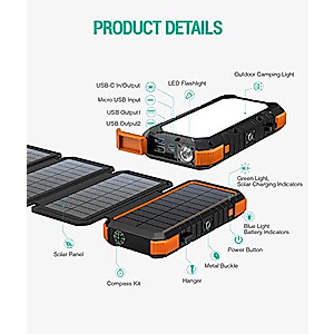 BLAVOR Solar Charger Power Bank, PD 18W QC3.0 Fast Charging 20000mAh Solar Powered Powerbank with 4 Foldable Panels, Type C Input/Output, Camping Light SOS Flashlight, Compass Carabiner(Orange)