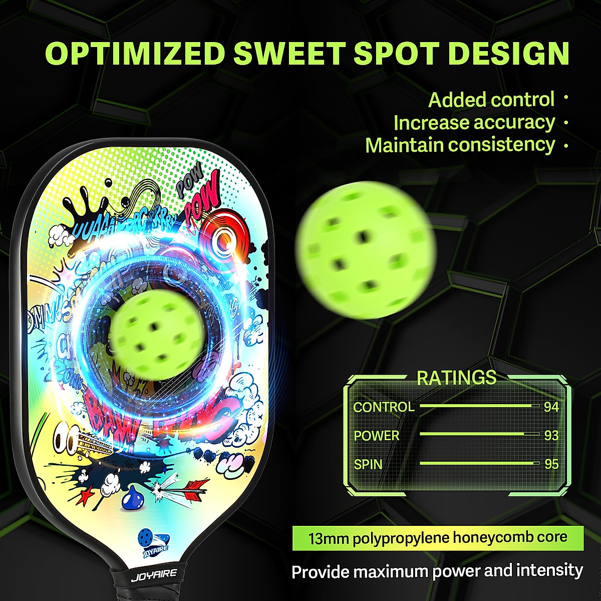 JOYAIRE Pickleball Paddles Set of 2, USAPA Standard Multilayer Carbon Fiber Surface High Control & Spin, Lightweight Pickle Ball Rackets Honeycomb Core w/ 4 Pickleball, Portable Bag, for Men Women