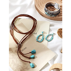 Inbagi 3 Pcs Western Jewelry for Women Bohemian Set, Boho Pendant Long Choker, Faux Leather Layered Bracelet, Dangle Earrings(Elegant Style)