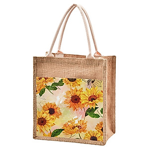 Aslsiy Jute Tote Bags,Yellow Sunflower Grocery Shopping Bags, Reusable Burlap Straw Beach Bag with Handles Zipper for DIY Art Crafts, Decoration, Printing 17"