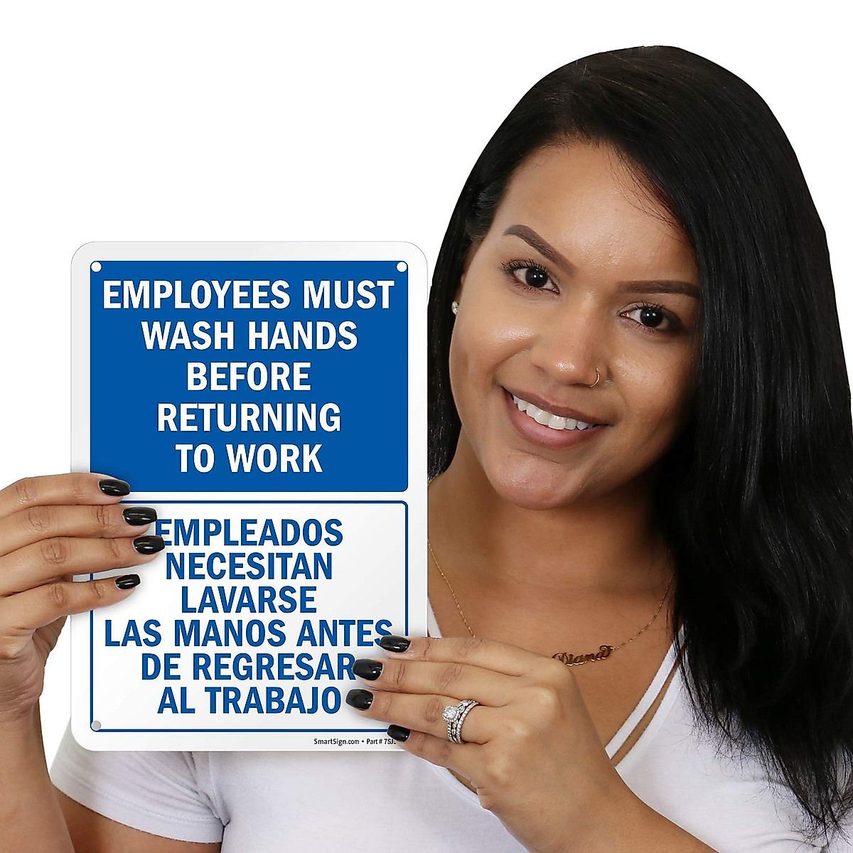 SmartSign 10 x 7 inch “Employees Must Wash Hands Before Returning To Work” Office Bathroom Bilingual Sign, 55 mil HDPE Plastic, Blue and White, Made in USA