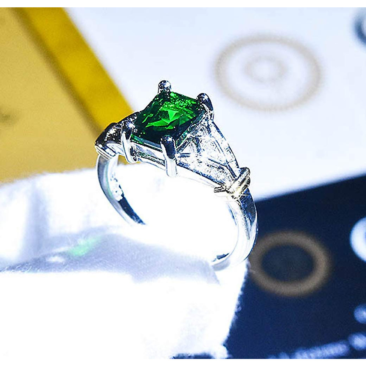 Cuteshop Elegant Women 14k White Gold Filled Sterling Silver Square Cut Emerald Gemstone Birthstone CZ Crystal Wedding Bridal Band Ring Size 6-10 (7)