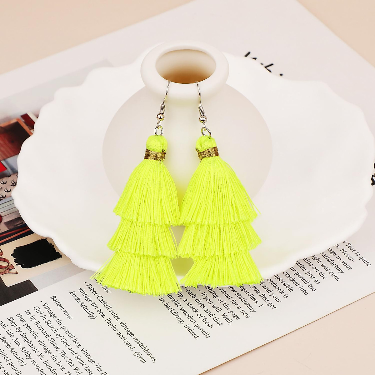 AD Beads Fashion Copper Dangle Tassel 3 Layers Fan Fringe Earrings, Lime Yellow, 3.15 in