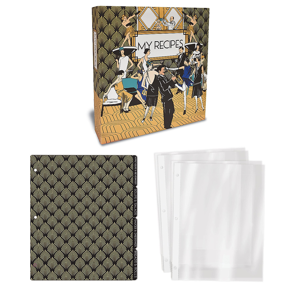 Better Kitchen Products Recipe Binder, Full Page 3 Ring Standard Binder Organizer Set (with 50 Page Protectors & 12 Category Divider Tabs) 11.5" x 12", Art Deco Roaring 20's Design