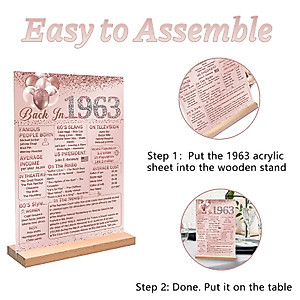 Vlipoeasn Pink 61st Birthday Anniversary Table Decoration 1963 Poster for Women, Rose Gold Back in 1963 Acrylic Table Sign with Wooden Stand, 61 Year Old Birthday Party Centerpieces Gift Supplies