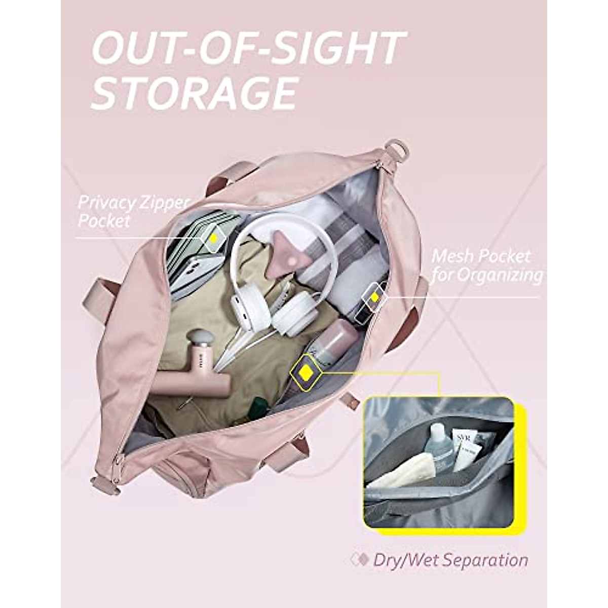 Gym Bag for Women, BAGSMART Sports Travel Duffel Bag With Shoe Compartment & Wet Pocket, Carry On Weekender Duffel Bag, Water Resistant Sports Gym Tote Bags Swimming Yoga - Pink